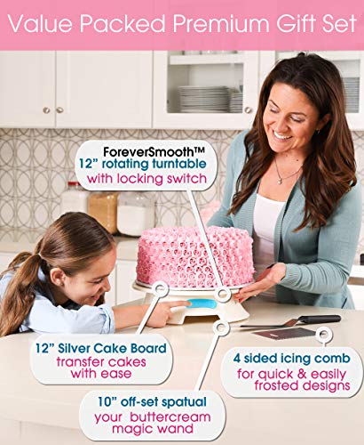 ForeverSmooth Cake Turntable Stand- Sturdiest Rotating Cake Leveler & Slicer. Decorating Supplies Kit w/Offset Spatula Set, Icing Bench Scraper, Cake Boards. 12 Inch White Spinner Baking Accessories