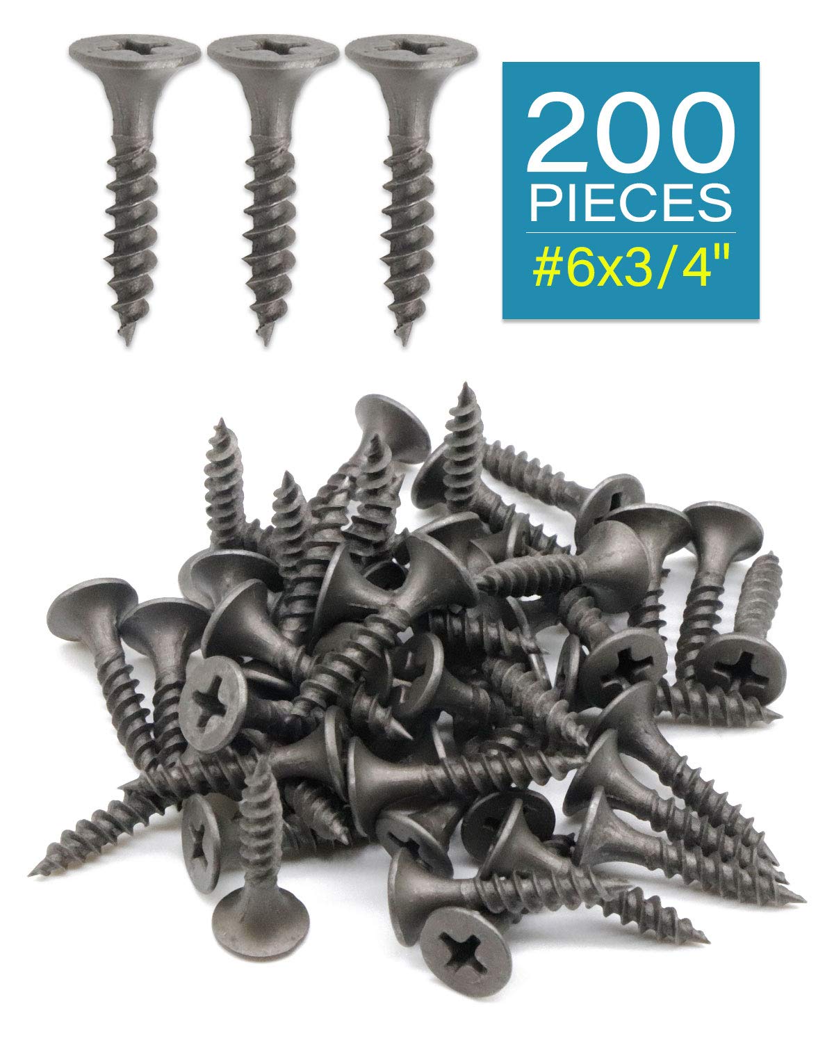 IMScrews 200pcs #6 x 3/4" Flat Head Phillips Drywall Screws, Fine Thread, Sharp Point Sheetrock Wood Screws, Carbon Steel, Gray Phosphate