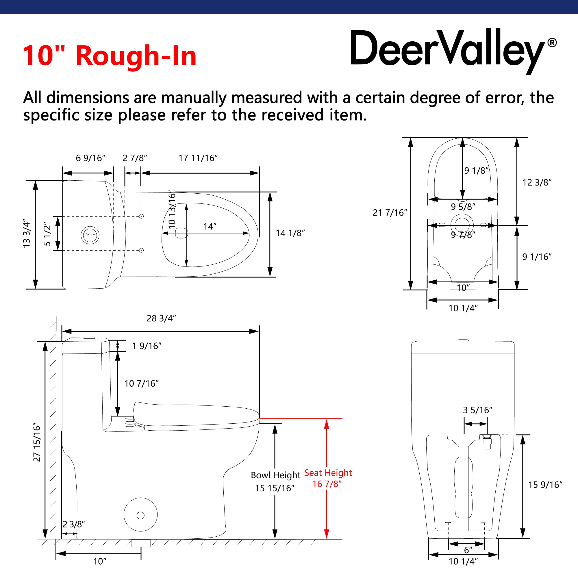 DeerValley DV-1F026R Elongated One Piece Toilet, Dual Flush 1.1/1.6 GPF Toilet with ADA Comfortable Seat Height, Powerful & Quiet Modern Standard Toilet for Bathroom, 10" Rough-In