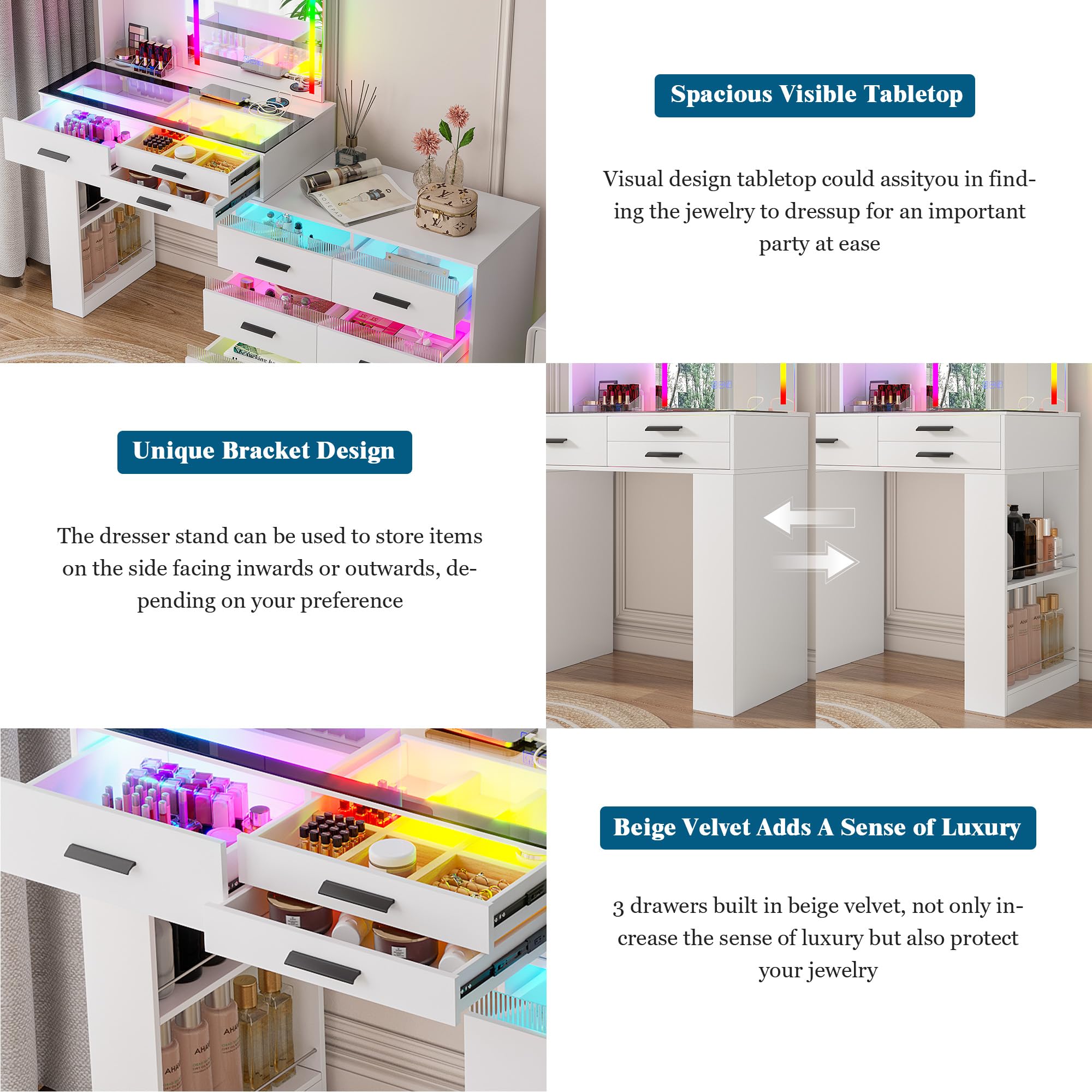 WOOVIVS Vanity Desk with Lights and Sliding Vanity Mirror, Makeup Vanity Desk with Charging Station, Vanities Dressing Table with Stool, LED Vanity Set with Large Drawers&Shelves for Bedroom, Grey
