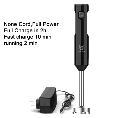 Cordless Hand Blender, UTALENT Variable Speed Immersion Blender Rechargeable, with Fast Charger, 500ml Chopper, 600ml container, Egg Whisk, for Smoothies, Baby Food and Soups β Black