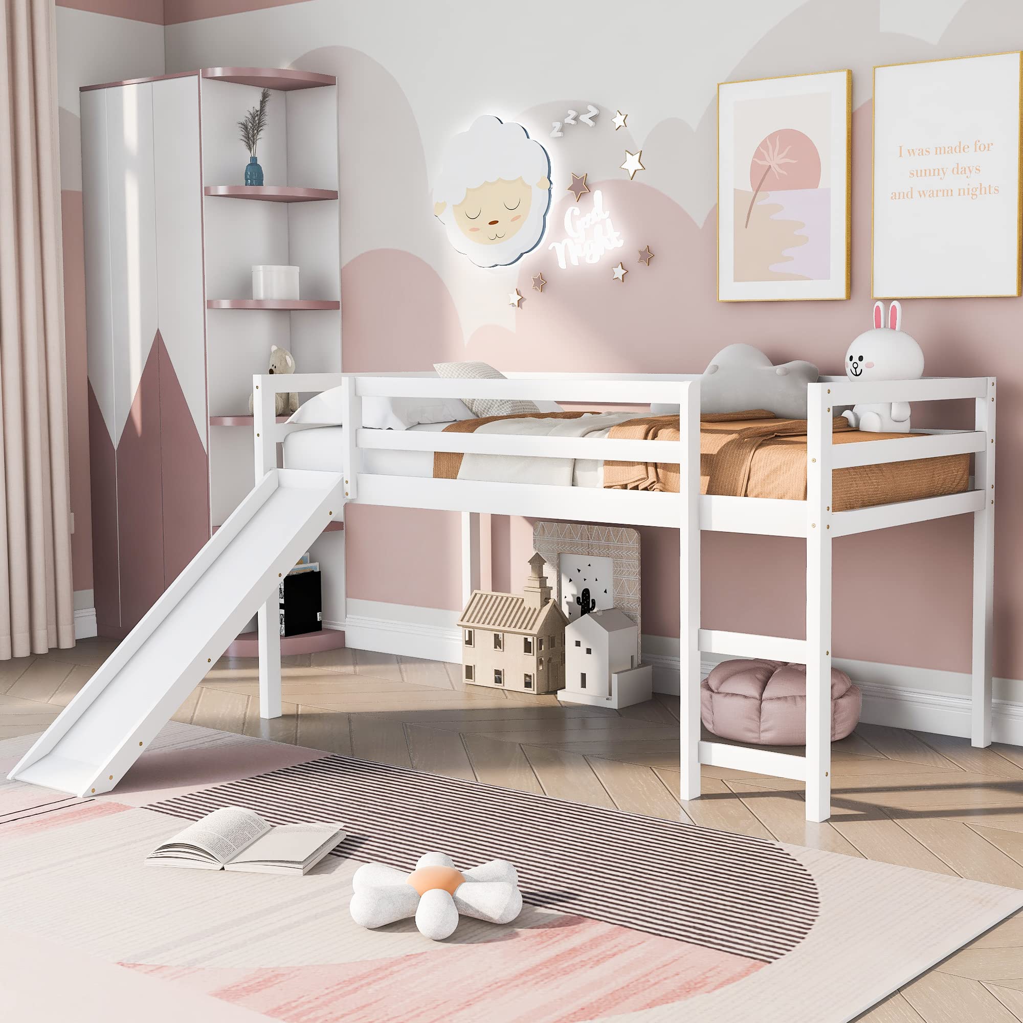 Harper & Bright Designs Kids Loft Bed with Slide,Twin Size Low Loft Beds for Girls Boys Solid Pine Wood Toddler Loft Bed with Ladder and Guard Rails,White