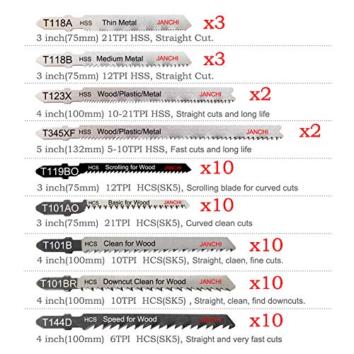 60pcs T Shank Jigsaw Blades Set with Storage Case, Contractor Assorted Jig Saw Blade Set Made with HCS/HSS for Wood Plastic and Metal Cutting, Fits Most Jig Saw Models