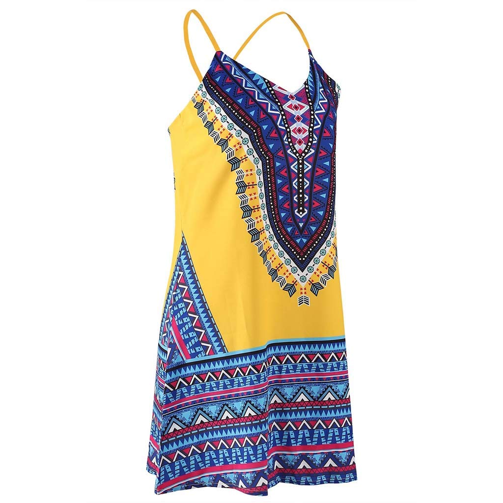 F_Gotal Womens Dresses Summer Casual Boho Floral Mini Strap Tank Dress Sleeveless A-Line Beach Sundress Party Cocktail Yellow