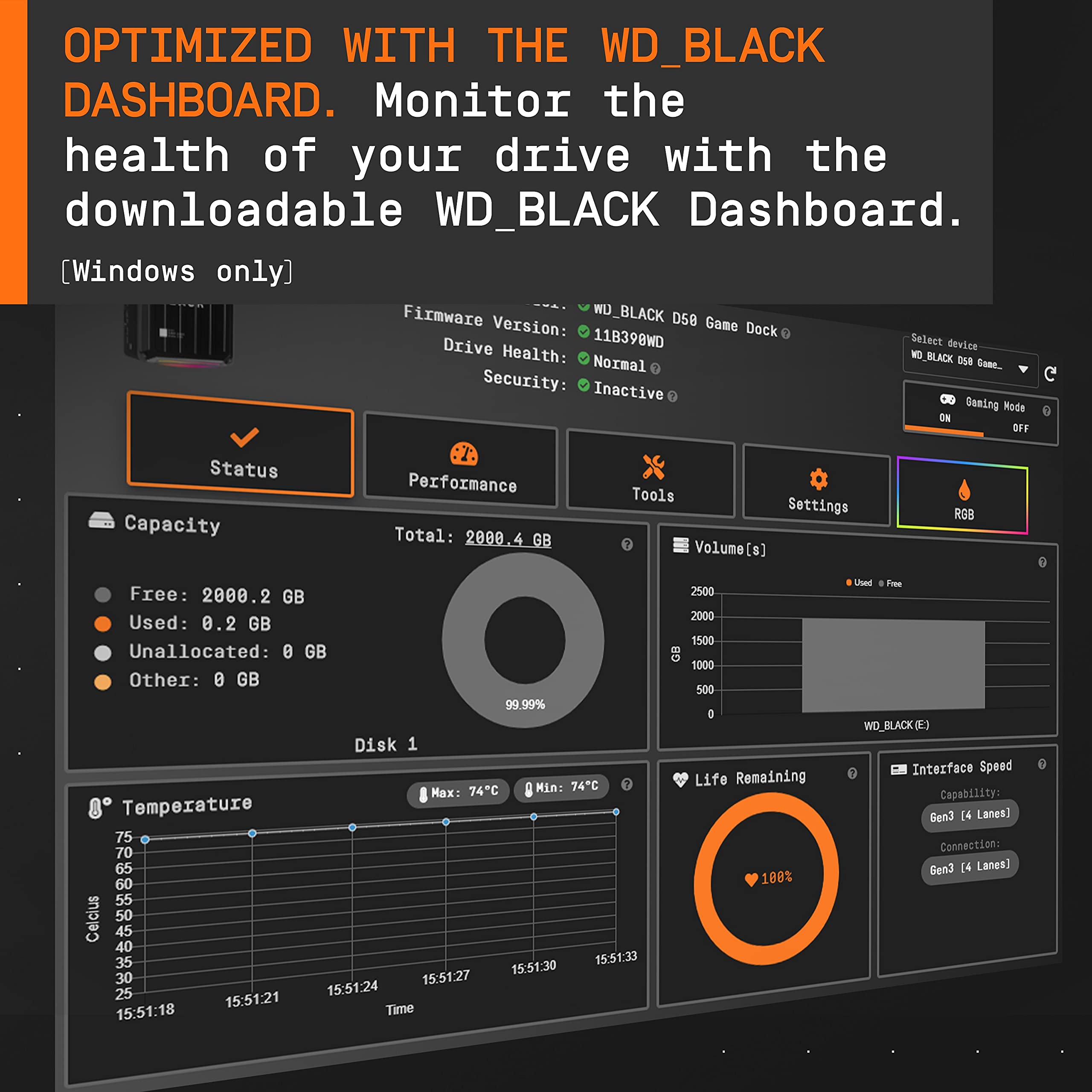WD_BLACK 2TB D50 Game Dock NVMe SSD Solid State Drive, RGB with Thunderbolt 3 Connectivity, Up to 3,000 MB/s - WDBA3U0020BBK-NESN