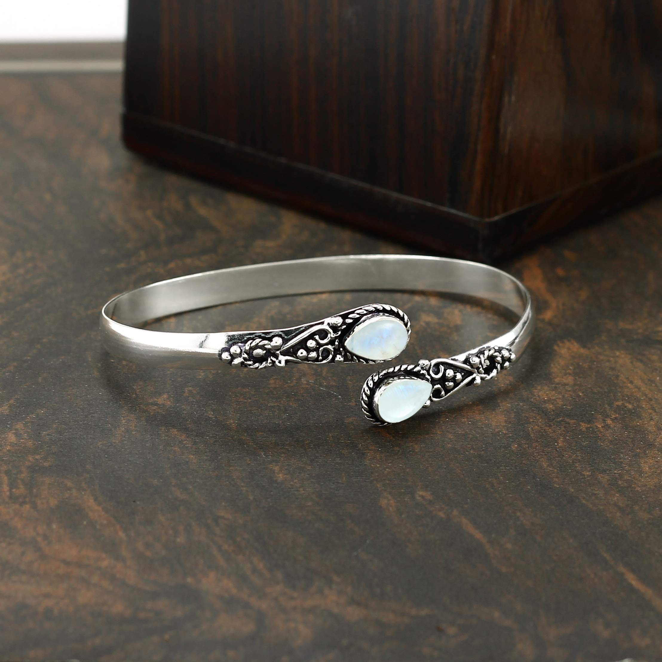 3.05 Cts Moonstone Bangle For Women Silver Overlay Handmade Vintage Boho Style Jewelry Mother'S Day Gifts For Mom Wife