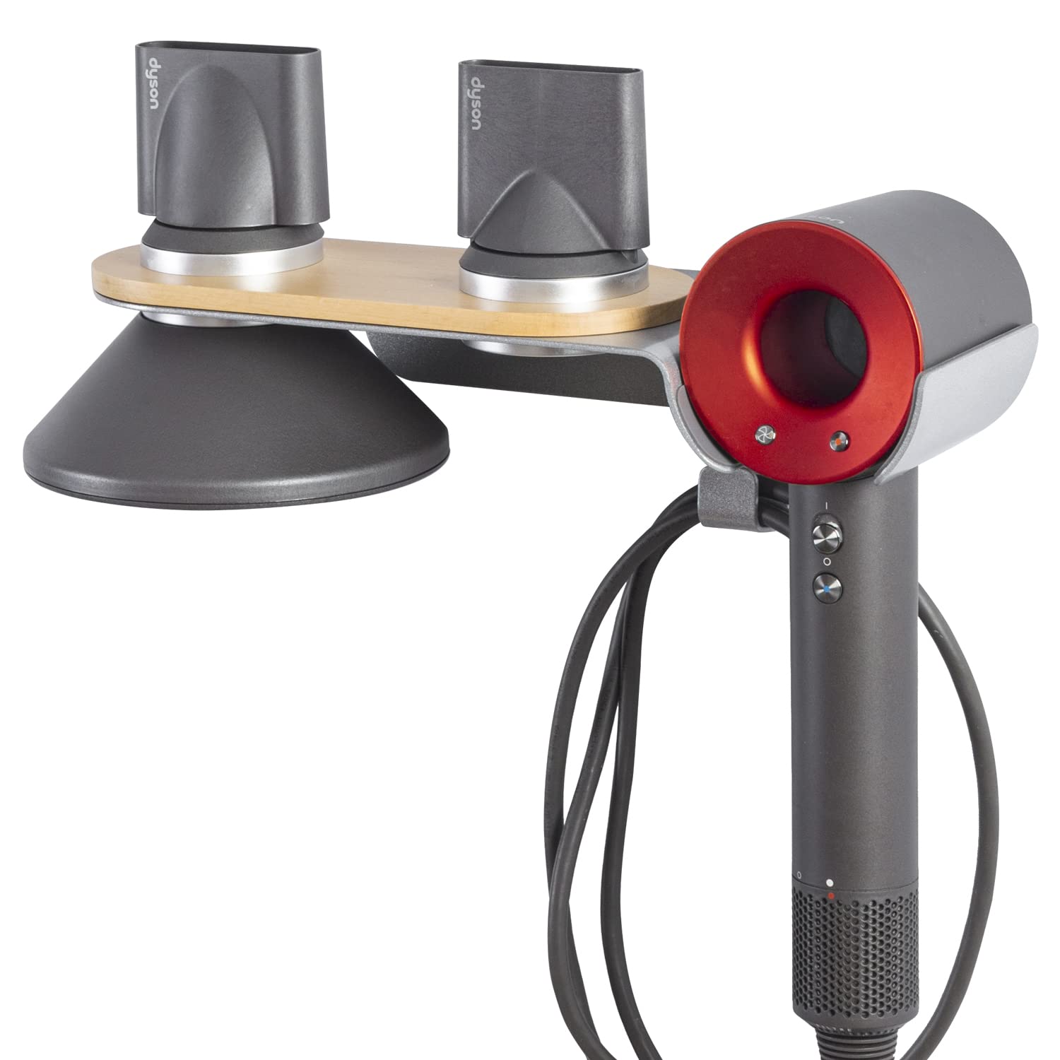 MyGift Wall Mounted Solid Beech Wood 6-in-1 Hair Dryer Storage Holder for Dyson Supersonic Hair Dryer with Stainless Steel Hook and Magnetic Rings for Hair Dryer, Diffuser, 3 Nozzles, and Power Plug