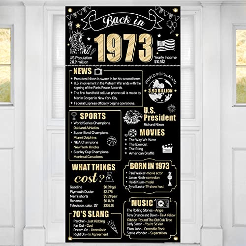 50th Birthday Decorations Back in 1973 Door Banner for Men Women, Black Gold Happy 50 Birthday Door Cover Party Supplies, Fifty Year Old Bday Backdrop Sign Decor for Outdoor Indoor