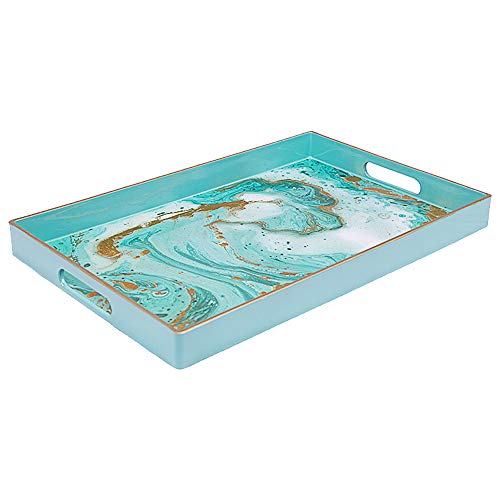 MAONAME Turquoise Serving Tray with Handles, Plastic Decorative Tray for Coffee Table, Marbling Rectangular Tray for Bathroom, Ottoman, Storage, 15.7" Lx 10.2" W X 1.57" H