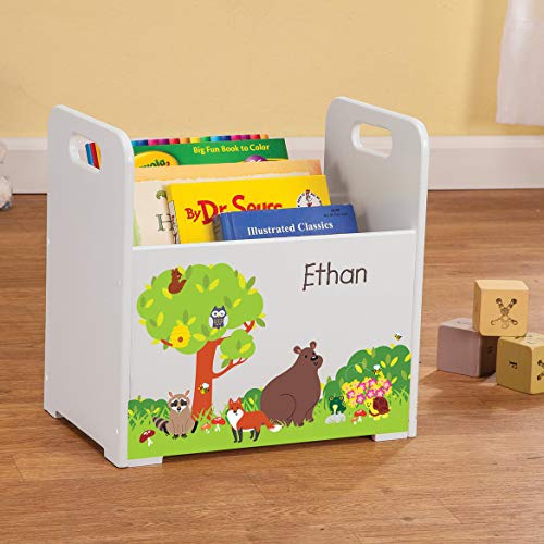Fox Valley Traders Personalized Kids Wooden Book Caddy, Customized Children’s Book Storage Bin, Woodland Animals Design