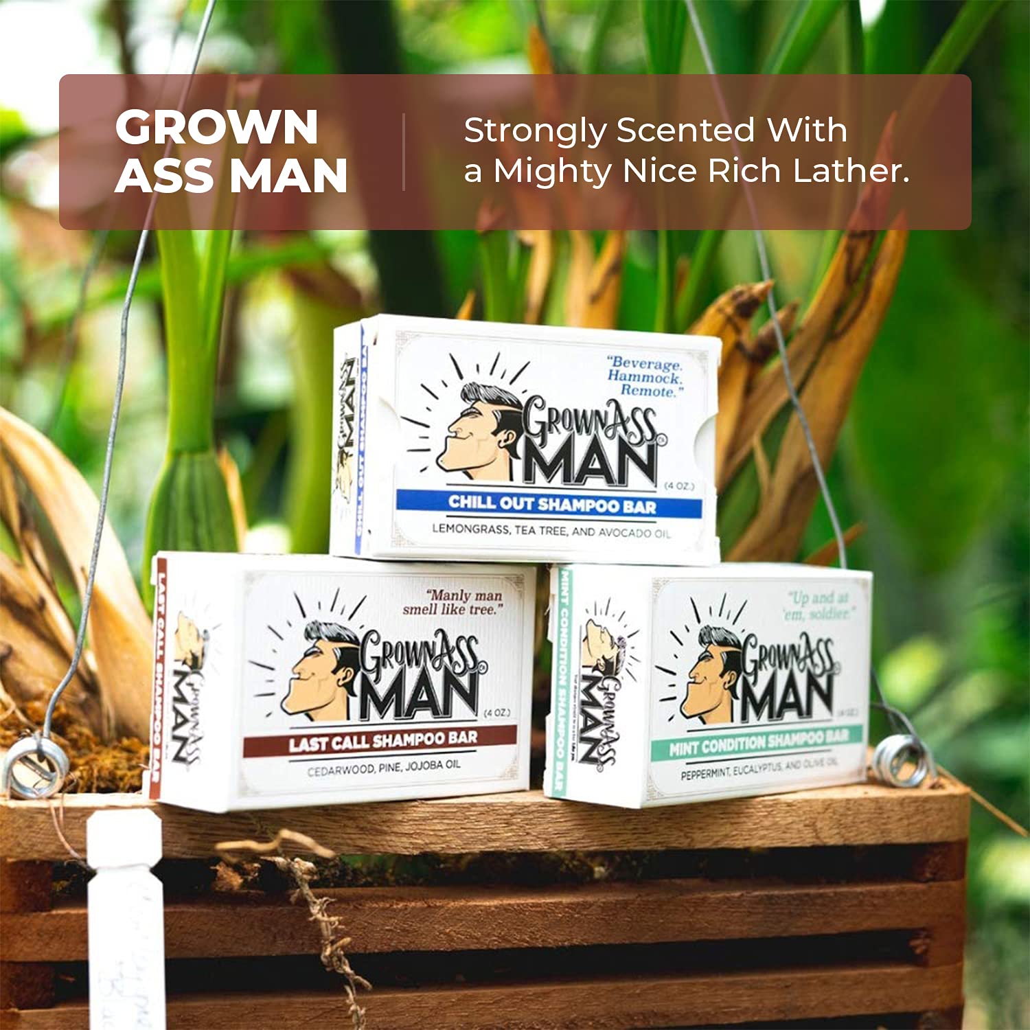 Grown Ass Man Co. - Solid Shampoo Bar Rich Lather 3 in 1: Hair, Beard & Body Wash - Plastic Free & Eco-Friendly, Natural & Organic Clean for All Hair Types, 4oz Bar (Last Call, Single)