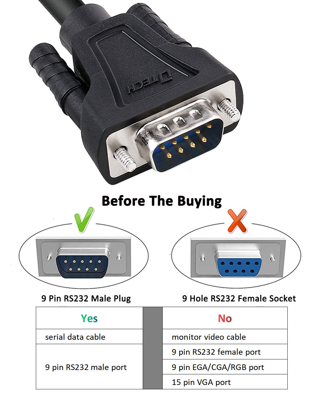 DTech 6ft DB9 to DB9 RS232 Serial Cable Male to Male Simple Null Modem Cord Cross TX RX line 2 Pin Crossed Without Handshake for Computer Data Communication (6 Feet, Black)