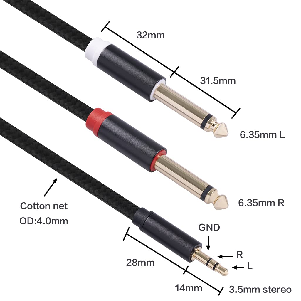 3.5mm 1/8 TRS to Dual 6.35mm 1/4 TS Mono Breakout Cable,(3.3FT) Y Splitter Stereo Cord Adapter Compatible with iPhone, Computer Sound Card, CD Player, Multimedia Speaker, Home Stereo System