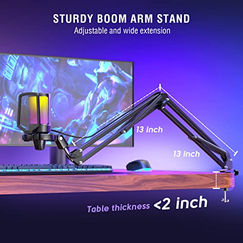 FIFINE Gaming PC USB Microphone, Podcast Condenser Mic with Boom Arm, Pop Filter, Mute Button for Streaming, Twitch, Online Chat, RGB Computer Mic for PS4/5 PC Gamer Youtuber-AmpliGame A6T