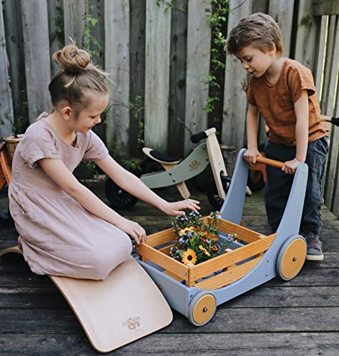 Kinderfeets 2-in-1 Wooden Cargo Walker Cart Wagon with Adjustable Rubber Wheels and Removable Basket for Children and Toddlers (Blue)