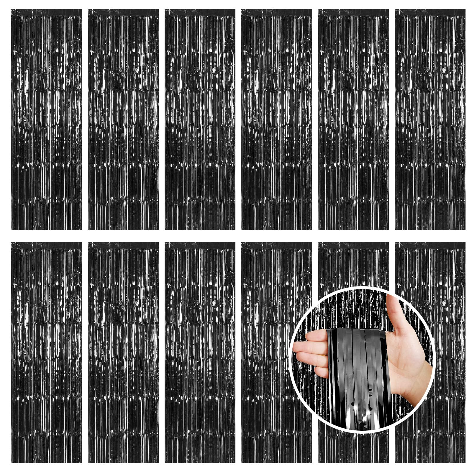 Black Fringe Curtain Party Streamers, 12 Pack 3.3ft x 8.2ft Foil Curtain Backdrop Tinsel Foil Fringe Curtains Photo Booth Backdrop Streamer for Birthday, Wedding, Baby Shower, Disco Party