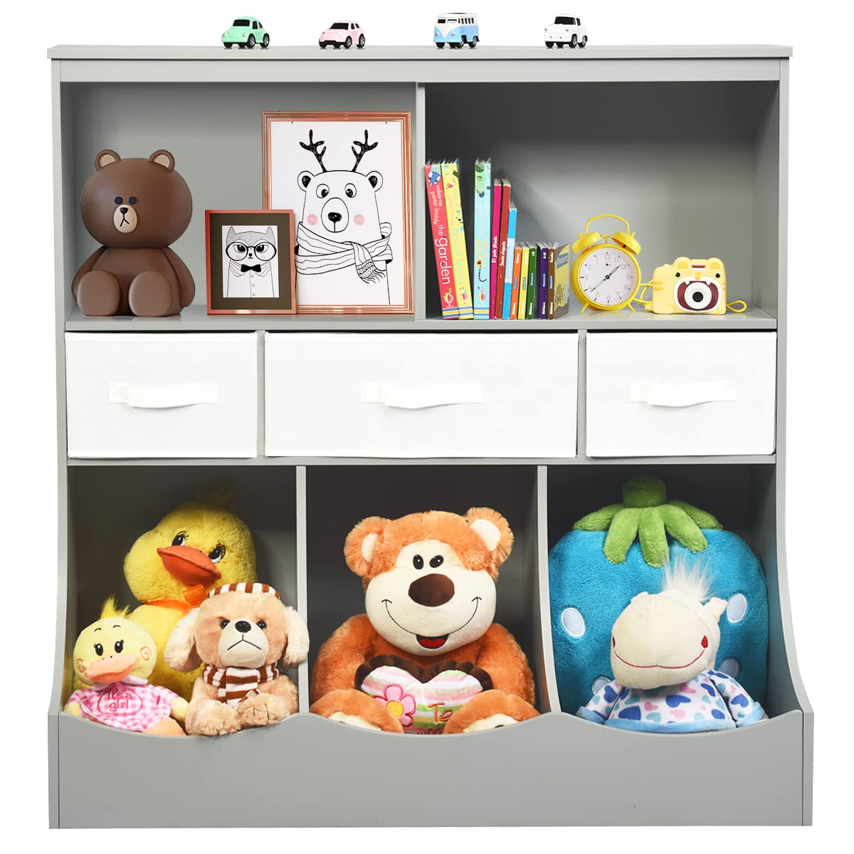 HONEY JOY Kids Toy Storage Organizer with Bookcase, 8-Cubby Organization Storage Cabinet w/Display Shelf & 3 Removable Fabric Bins, Wooden Toy Storage Unit for Playroom, Nursery Daycare(Gray)