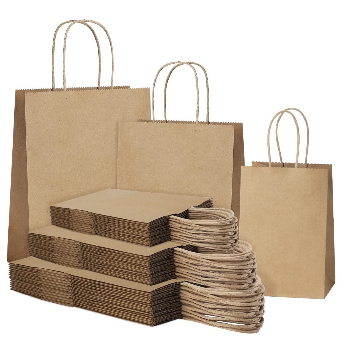 SHOPDAY 45Pcs Brown Paper Bags with Handles, Assorted Sizes Gift Bags Bulk Kraft Paper Bags 5x3x8 & 8x4x10.5 & 10x5x13 15Pcs Each Recyclable Bags for Handwork, Shopping Bags for Small Business, Goody