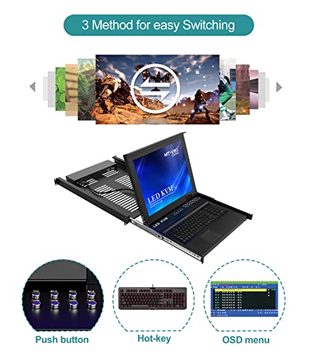 MT-VIKI 16 Port KVM VGA Switch w/17'' LCD Monitor, 1U Rack Mount KVM Monitor Switch,1280x1024@60Hz Support OSD/Hotkey/Button Switching, + 16 KVM Cables, Fit 1U 19'' Rack