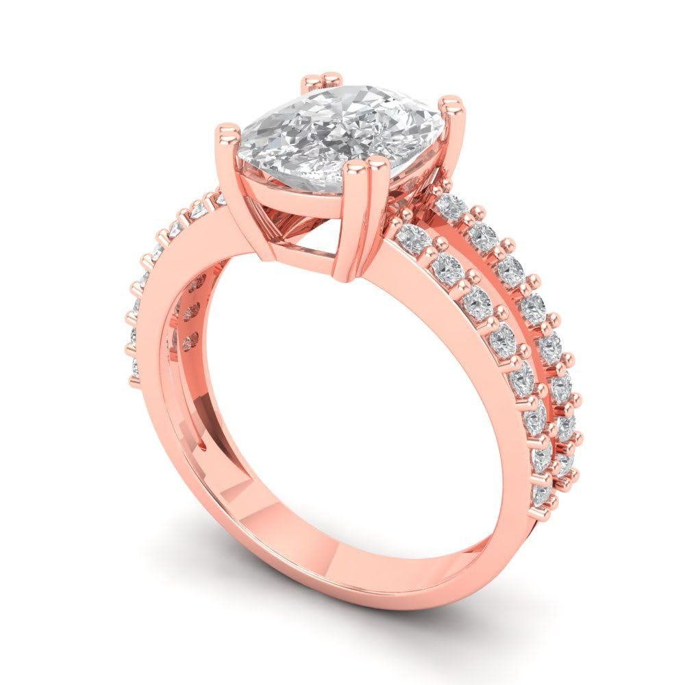 3.96 Ct Brilliant Cushion Cut Clear Simulated Diamond 14K Rose Gold Solitaire with Accents Engagement Anniversary Ring Size 8