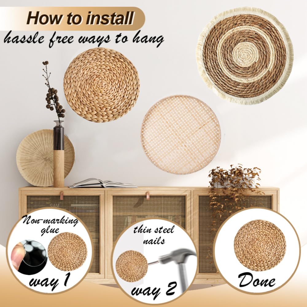 ALYBSOO Boho Wall Basket Decor set of 7, Woven Seagrass Wicker Rattan Flat Baskets Wall Hanging Decor, Handmade African Round Wall Baskets Decor, for Living Rooms, Bedrooms