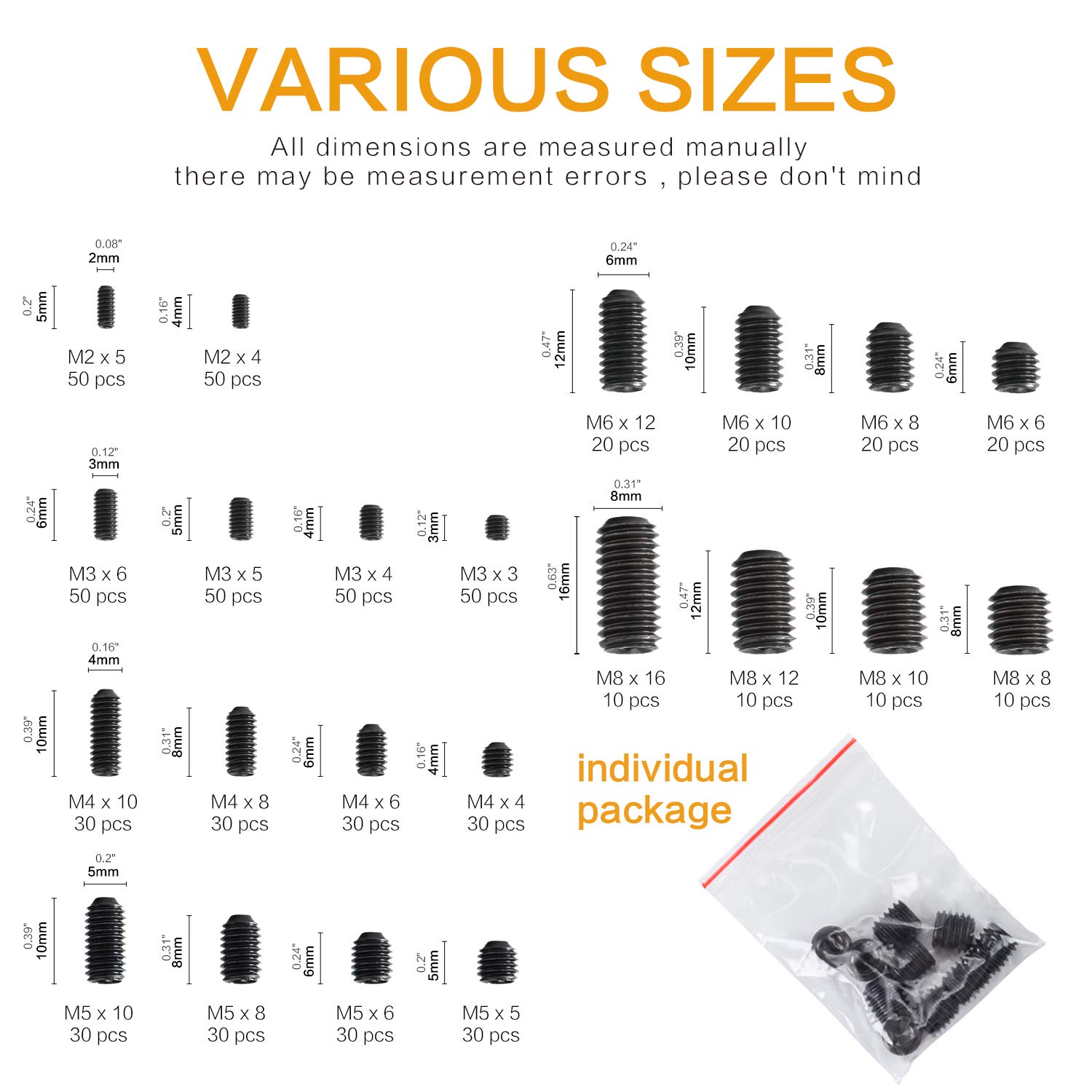 TOTFSTNR 666Pcs Internal Hex Drive Cup-Point Screws Assortment Kit, 22 Sizes M2/3/4/5/6/8 Set Screw Set for Door Handles, Faucet, Light Fixture, 12.9 Class Alloy Steel (Black)