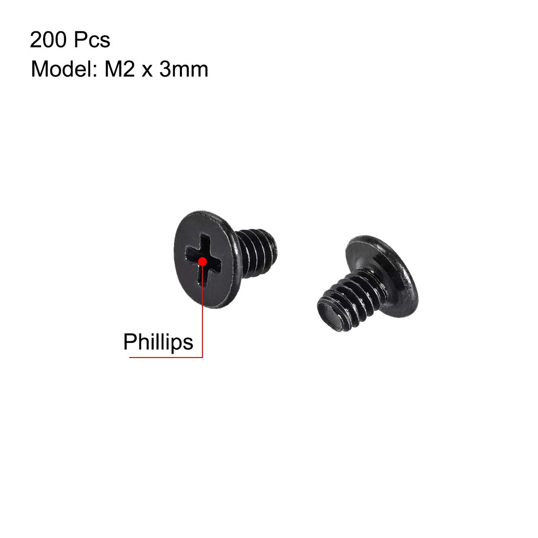 uxcell M2x3mm Phillips Screw Fastener Black 3.8mm Dia Screw Head for Laptop PC TV Fan Switch 200pcs