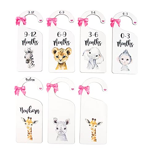 Double Sided Wood Closet Size Dividers for Baby girl Clothes Safari Animal Baby Clothing Size Age Dividers from Newborn Infant Nursery Closet Organizer with Ribbon, (0001)