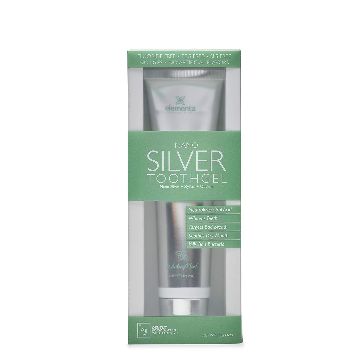Elementa Silver Non-Foaming Toothpaste Wintermint Flavor | 5 in 1 Teeth Whitening Gel 4 Fl oz | Dentist Formulated All Natural | Professional Whitening Gel | Fluoride Free | Fresh Breath
