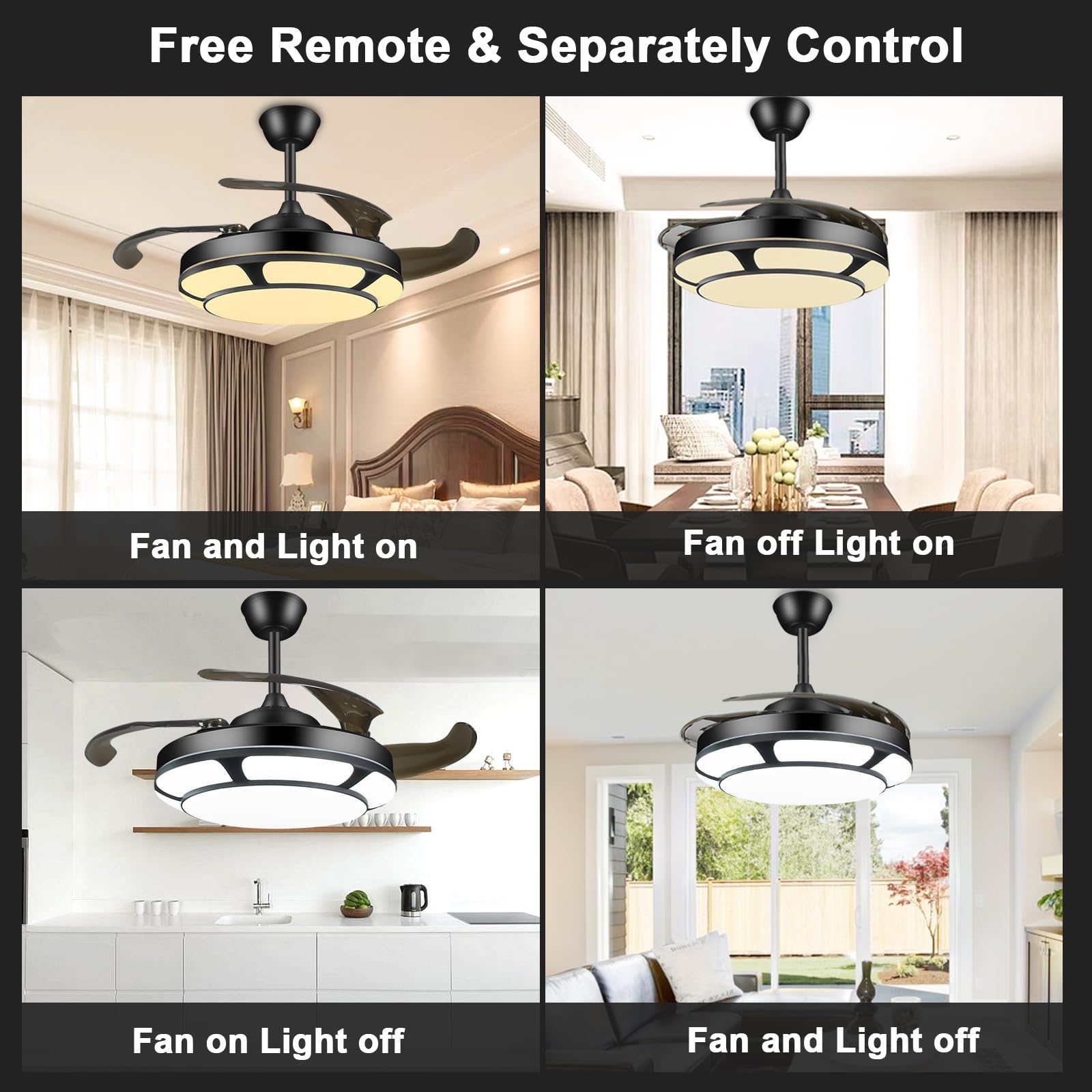 42 in Ceiling Fan,Retractable Ceiling Fans with Lights Remote Control,Ceiling Fans with Bladeless,Enclosed Fan with Dimmable Light,3 Color Ceiling Fan Light,Silent Fan Noiseless DC Motor (Black)