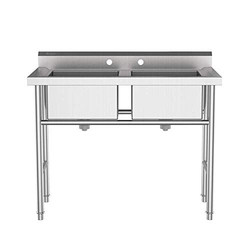 Bonnlo Commercial 304 Stainless Steel Sink 2 Compartment Free Standing Utility Sink for Garage, Restaurant, Kitchen, Laundry Room, Outdoor, 35.8" W x 21.3" D x 40" H