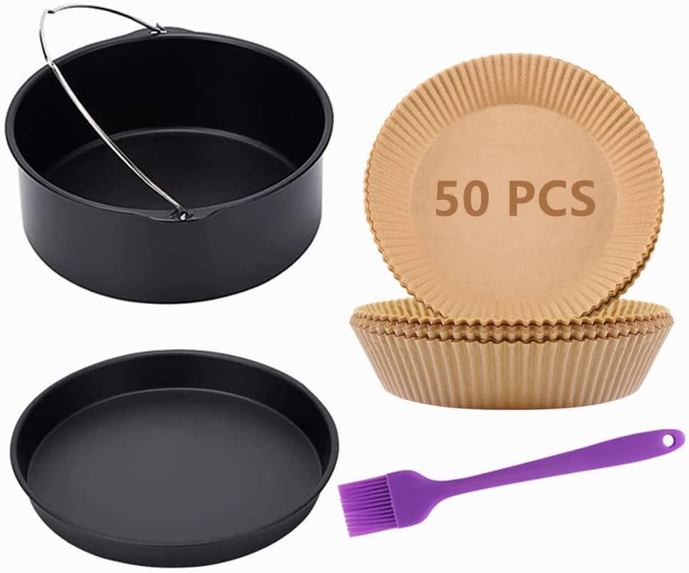 Air Fryer Accessories,7 inch Cake Barrel,Pizza Pan,50 Pcs Baking Paper and Silicone Brush for Ninja Gowise Cosori Phillips Cozyna Gourmia Zeny (Purple)
