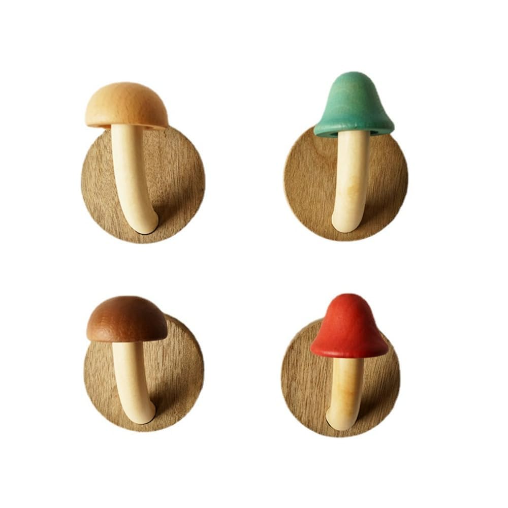Auntzyj Fun Wooden Mushroom Coat Hook, Non-Perforated Solid Wood Hook,Mushroom Wall Hook Hanger, Kitchen Bathroom Cloakroom Door Towel Hooks (Pack of 4)