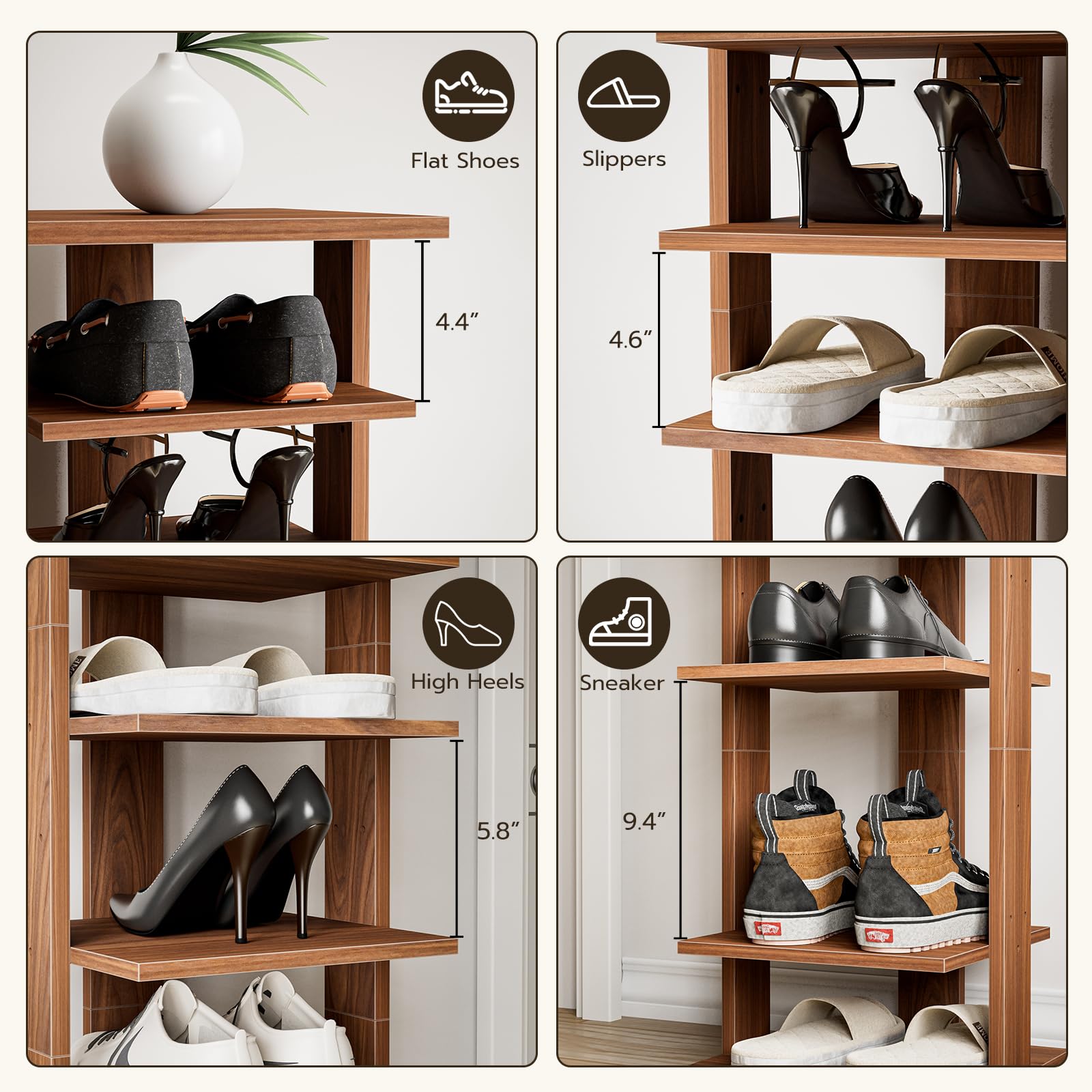 XBurmo Vertical Shoe Rack,9 Tier Shoe Storage Organizer with Hooks,Tall Shoe Tower,Slim Standing Shoe Shelf,Wooden Cubby Shoe Storage for Entryway/Small Spaces/Closet/Corner(walnut)