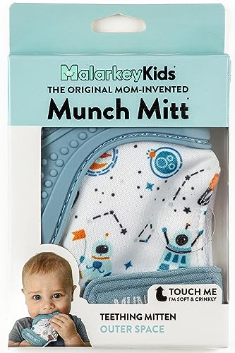 Malarkey Kids Patented Teething Mitten, Munch Mitt Baby Chew Toy - Protects Hands from Chewing & Saliva, Heals Aching Gums, Promotes Sound & Visual Stimulation for Babies - Outer Space