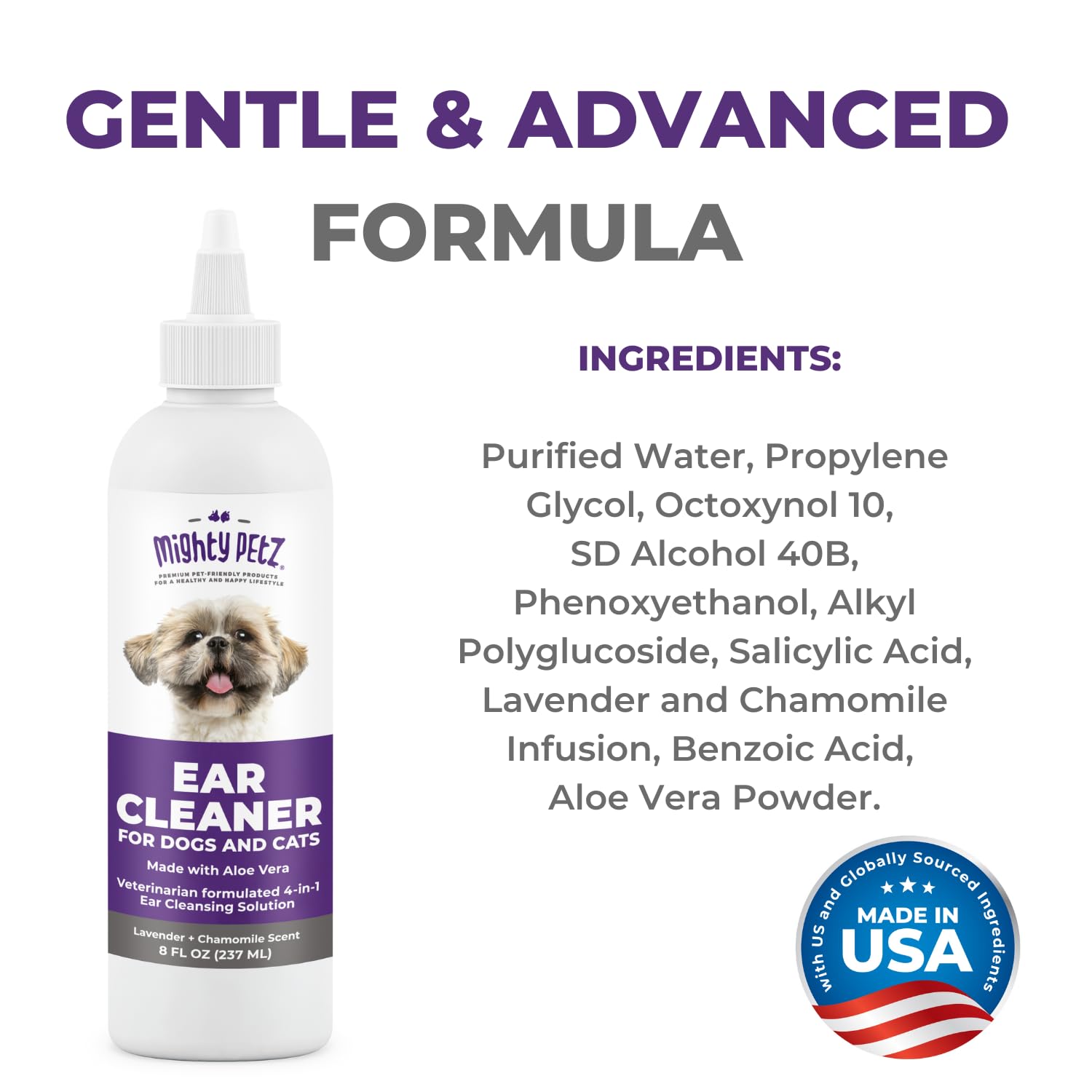 Mighty Petz Dog Ear Cleaner β Pet Ear Wash to Support Itchy, Infection Prone Ears, Yeast and Wax. Advanced & Gentle Otic Cleaning Solution. Ear Drops for Dogs and Cats - 8 oz