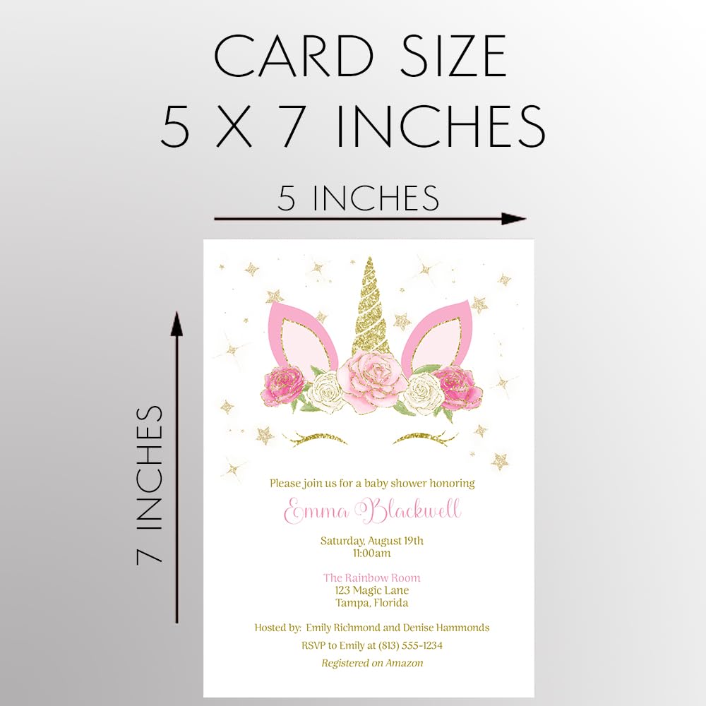 Unicorn Baby Shower Invitations Magical Birthday Party Pink Gold Mystical Glitter Sparkle Custom Printed Cards (12 count)