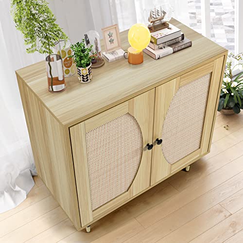 4ever2buy Rattan Buffet Cabinet Sideboard with Storage, Kitchen Accent Cabinet with Woven Natural Rattan Doors, Entryway Cabinet with Adjustable Shelves,Console Tables for Living Bedroom Dining Room