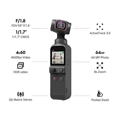 DJI Pocket 2 - Handheld 3-Axis Gimbal Stabilizer with 4K Camera, 1/1.7β CMOS, 64MP Photo, Pocket-Sized, ActiveTrack 3.0, Glamour Effects, YouTube TikTok Video Vlog, for Android and iPhone, Black