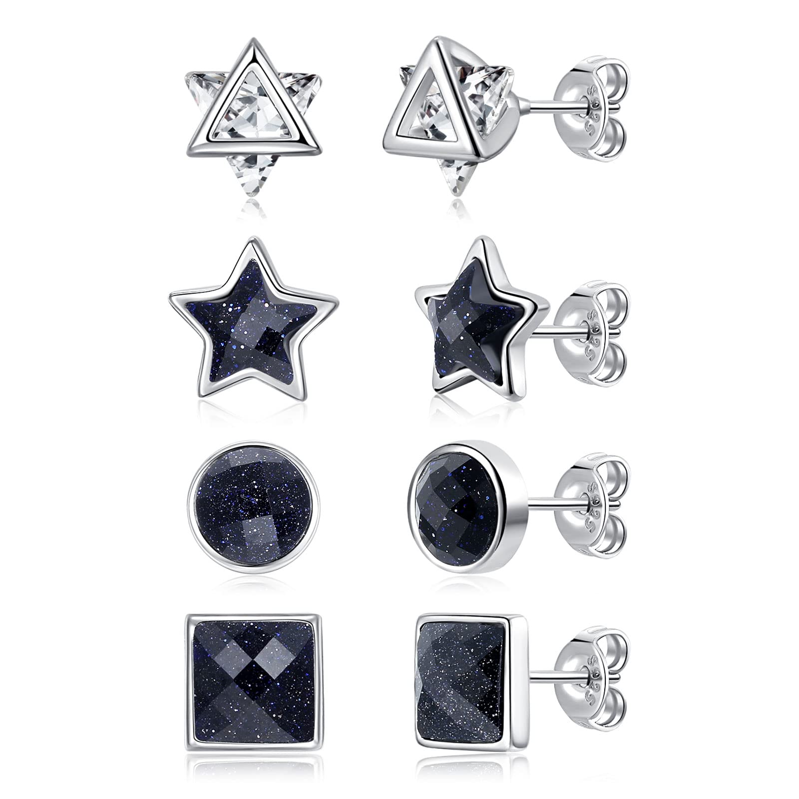 4 Pairs 925 Sterling Silver Stud Earrings Set for Women Men Blue Sandstone Stud Earrings Set CZ Stud Earrings Gift for Birthday