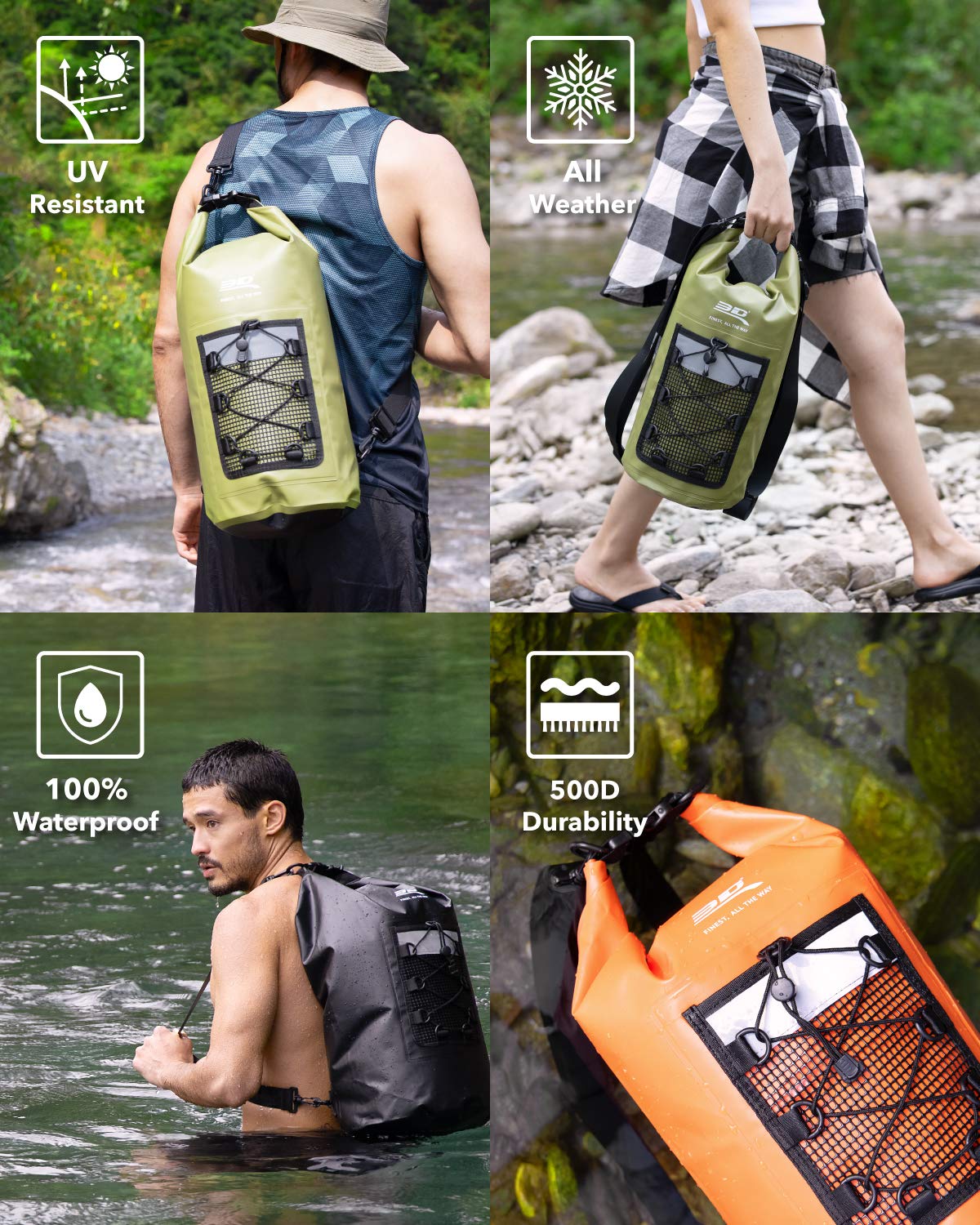 3D MAXpider Roll Top Dry Bag Backpack 30L, Waterproof Lightweight Floating Marine Drybag - Detachable Straps, Mesh Front Pocket - Travel, Hiking, Fishing, Swimming, Boating, Kayaking, Camping (Green)
