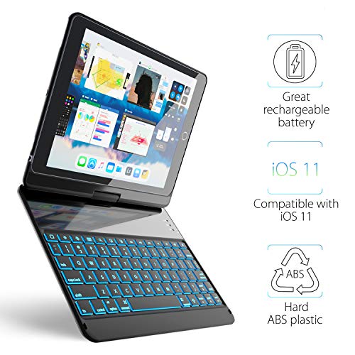 YEKBEE iPad Keyboard Case for iPad 2018 (6th Gen) - iPad 2017 (5th Gen) - iPad Pro 9.7 - iPad Air 2 & 1 - Thin & Light - 360 Rotatable - Wireless/BT - Backlit 7 Color (9.7, Black)