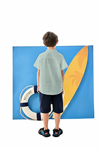 Arshiner Boys Cotton Linen Henley Button Down Shirt Short Sleeve Casual Dress Beach T Shirts with Pocket Light Green