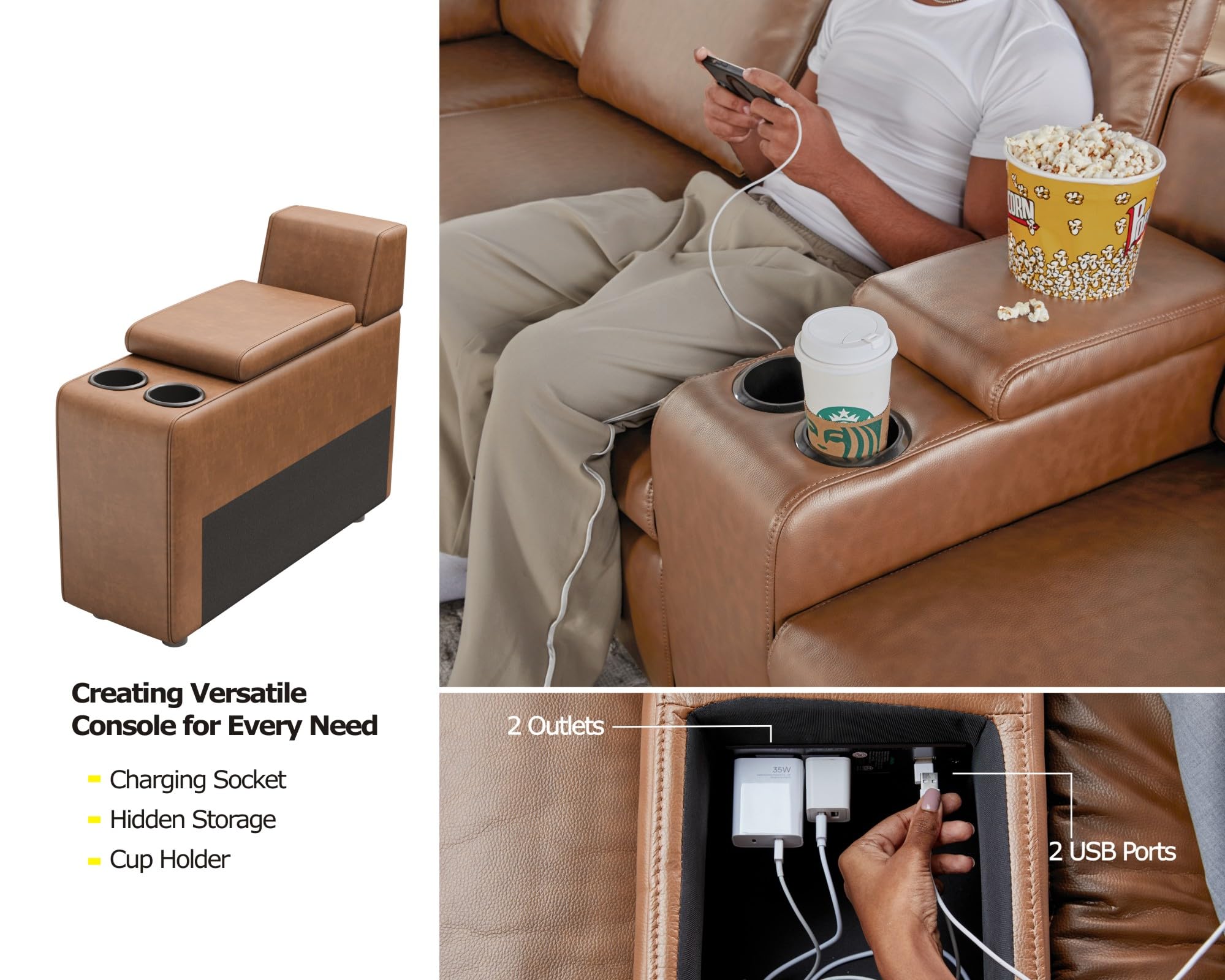 AMERLIFE Power Recliner, Reclining Sectional Sofa with Console& Dual Recliner, Loveseat Recliner Couch with Cup Holder& Charging Socket, Leather Modular Sofa for Living Room
