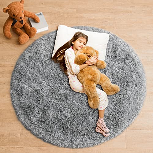 Goideal Soft Round Shaggy Rug, 4 x 4 Feet Grey Fluffy Circle Rug for Boys Girls, Fuzzy Cute Bedroom Rug, Circle Plush Floor Carpet for Nursery Room Decor