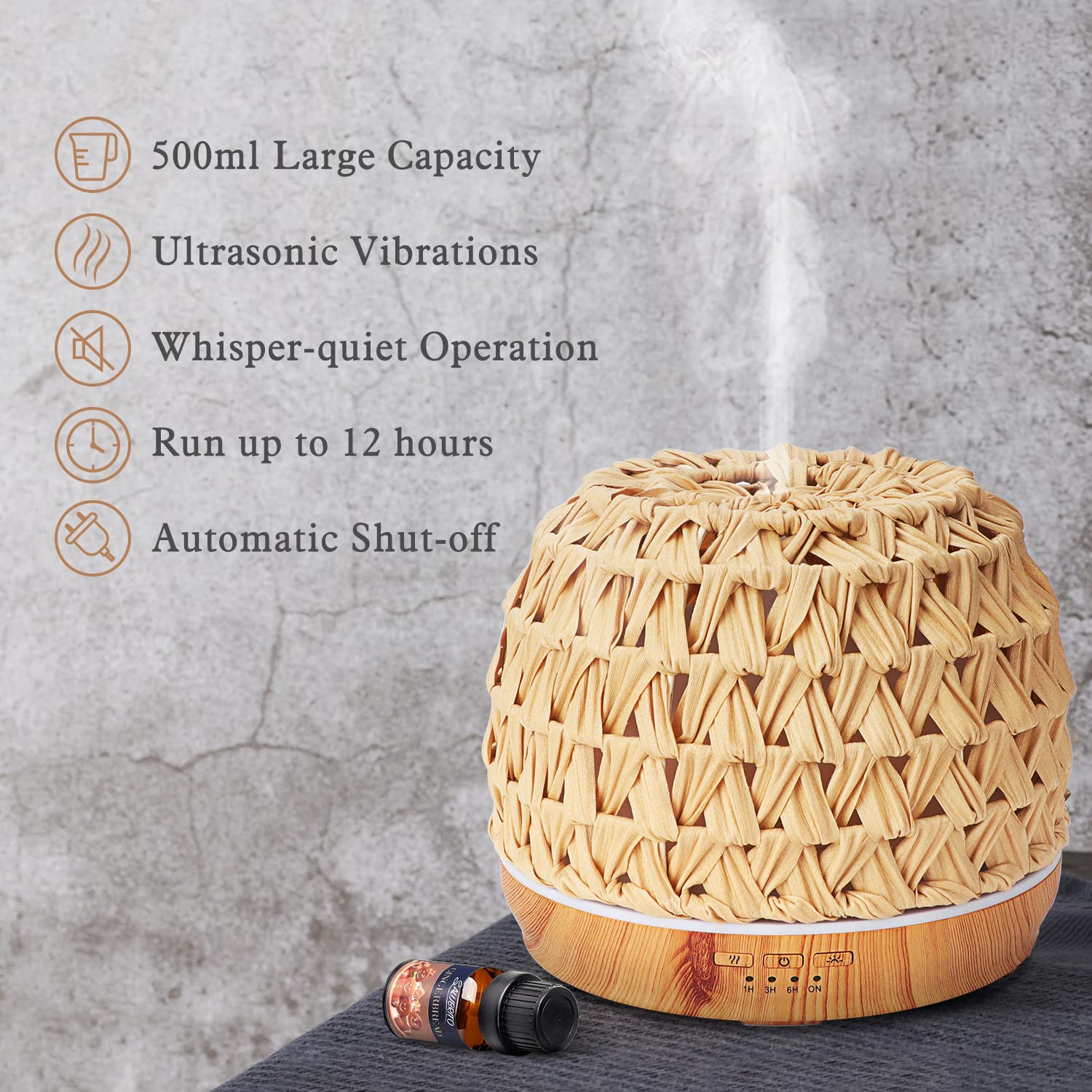500ml Essential Oil Diffuser, Woven Rattan Diffusers for Essential Oils, Aromatherapy Diffuser for Large Room, Gift for Women