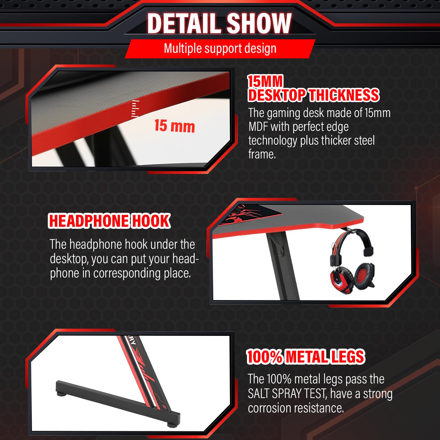 MGHH 47 Inch Gaming Desk Computer Desk Home Office Desk Z Shaped Ergonomic Simple PC Workstaion Gaming Table with Carbon Fibre Surface Headphone Hook Adjustable Leveling Foot for Gamer Player,Red