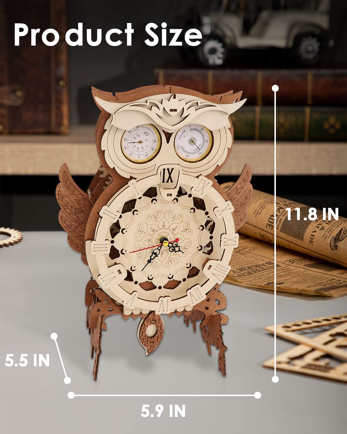 3D Owl Clock Wooden Puzzle, DIY Mechanical Model Building Kits Toys, Birthday Gift for Adults and Children Age 14+