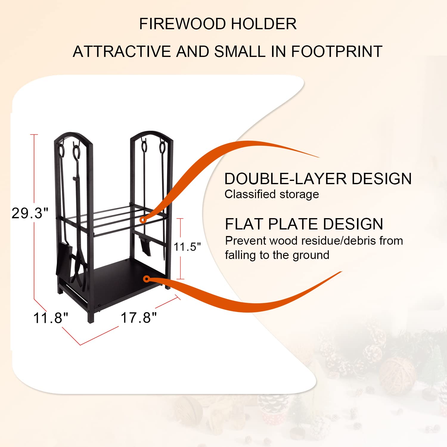 Babylon Fireplace Tools Log Rack Set with 4 Piece Tools Wrought Iron Black Fireplace Tools Firewood Holder Carrier Storage Rack with Brush Shovel Poker Tongs for Indoor Outdoor