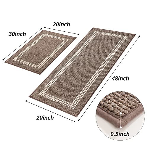 COSY HOMEER Kitchen Floor Mats[2 PCS] for in Front of Sink Super Absorbent Kitchen Rugs and Mats 48x20 Inch/30X20 Inch Non-Skid Kitchen Mat Standing Mat Washable,Polypropylene,Brown